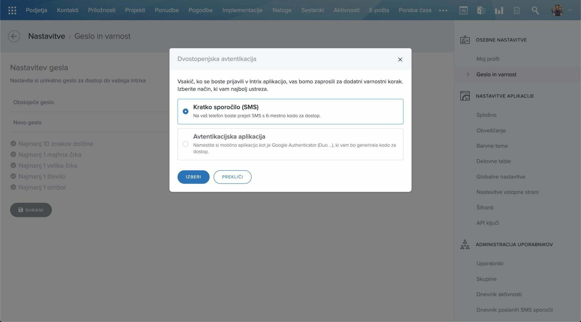 Dvostopenjska avtentikacija v Intrixu (2FA) | INTRIX