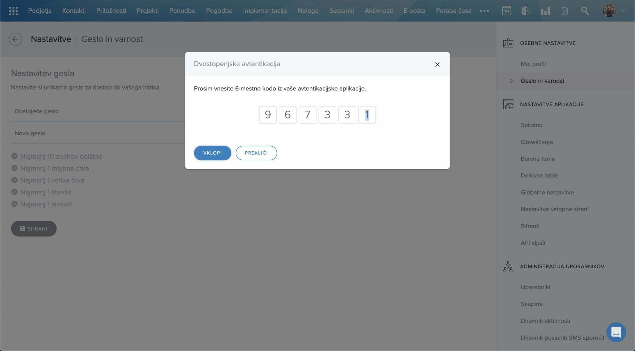 Dvostopenjska avtentikacija v Intrixu (2FA)