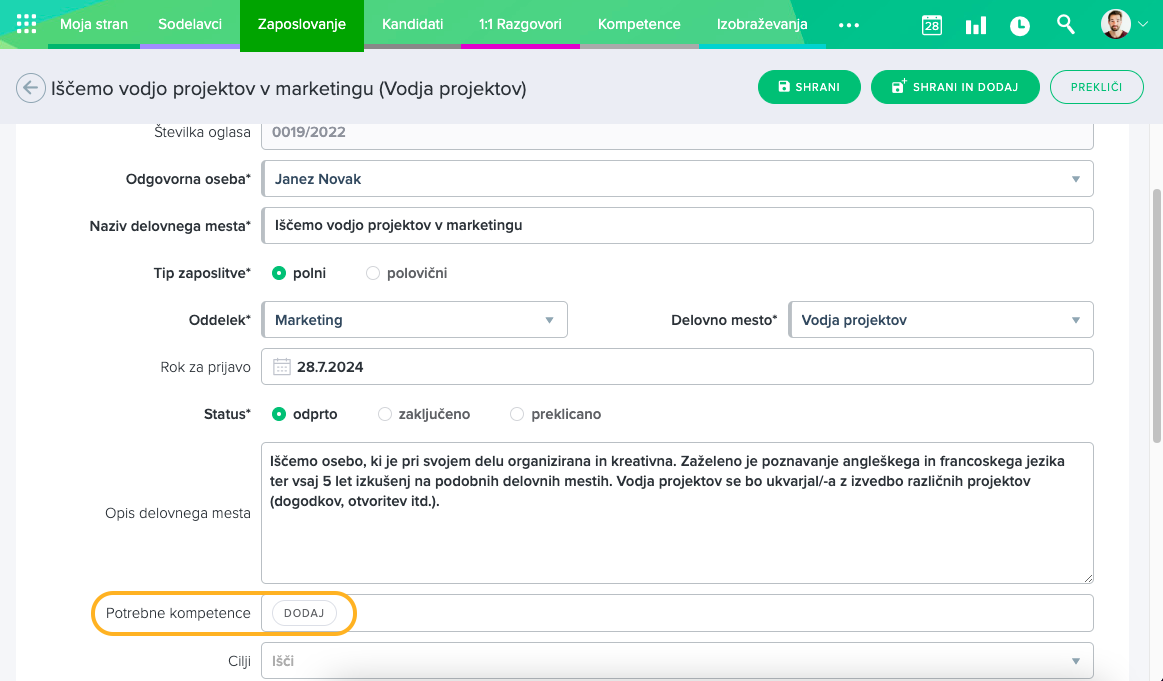 Kompetence in razgovori v Intrix HRM