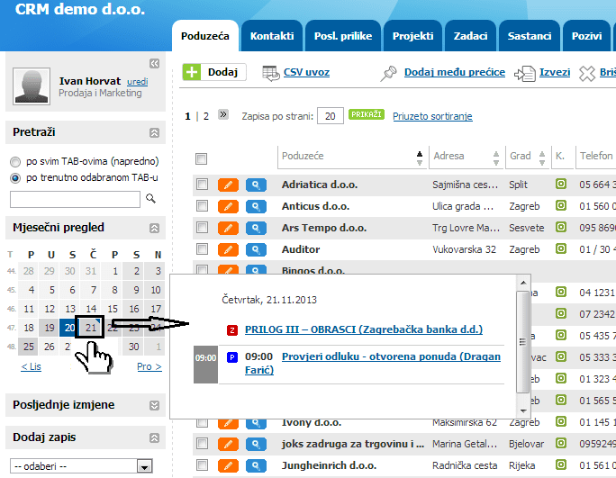 Pozicijoniranjem kurzora miša na kalendar | INTRIX