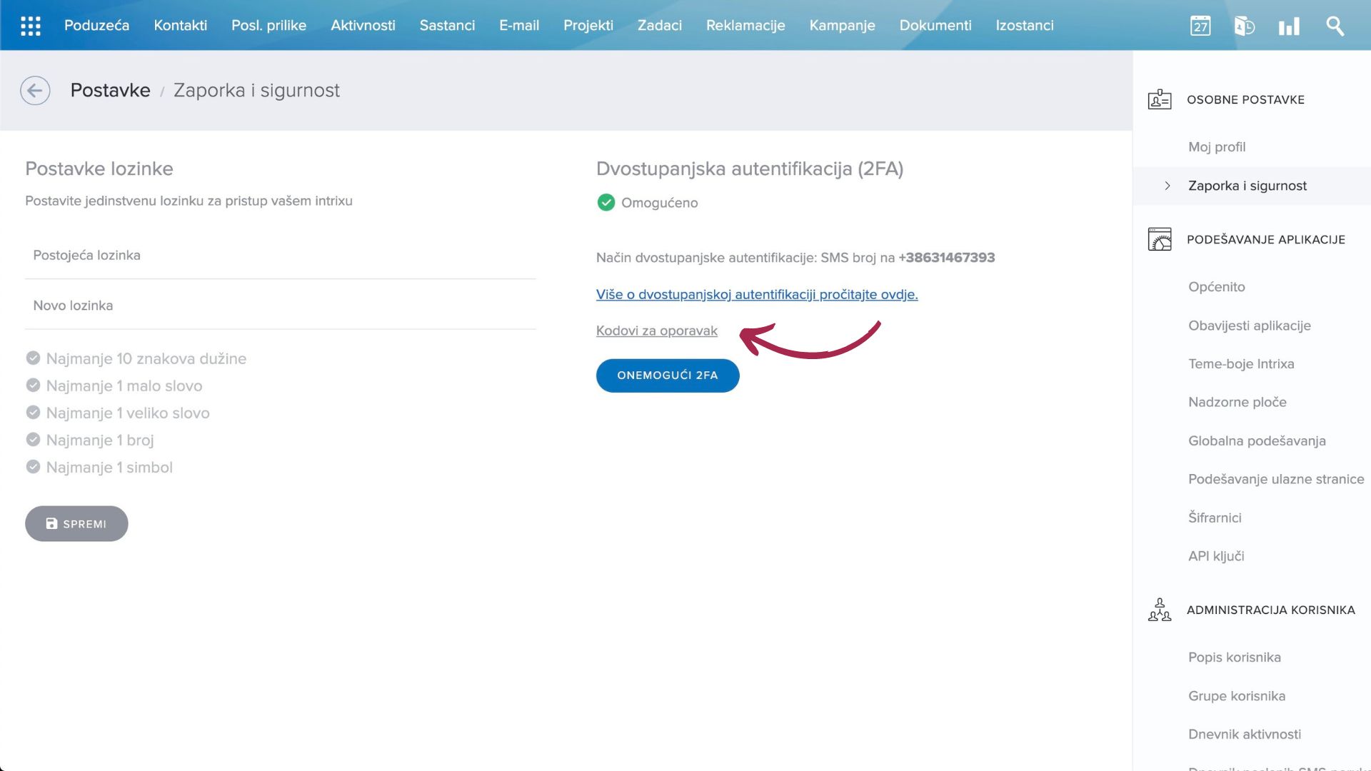 Kodovi za oporavak za dvostupanjsku autentifikaciju (2FA) | INTRIX