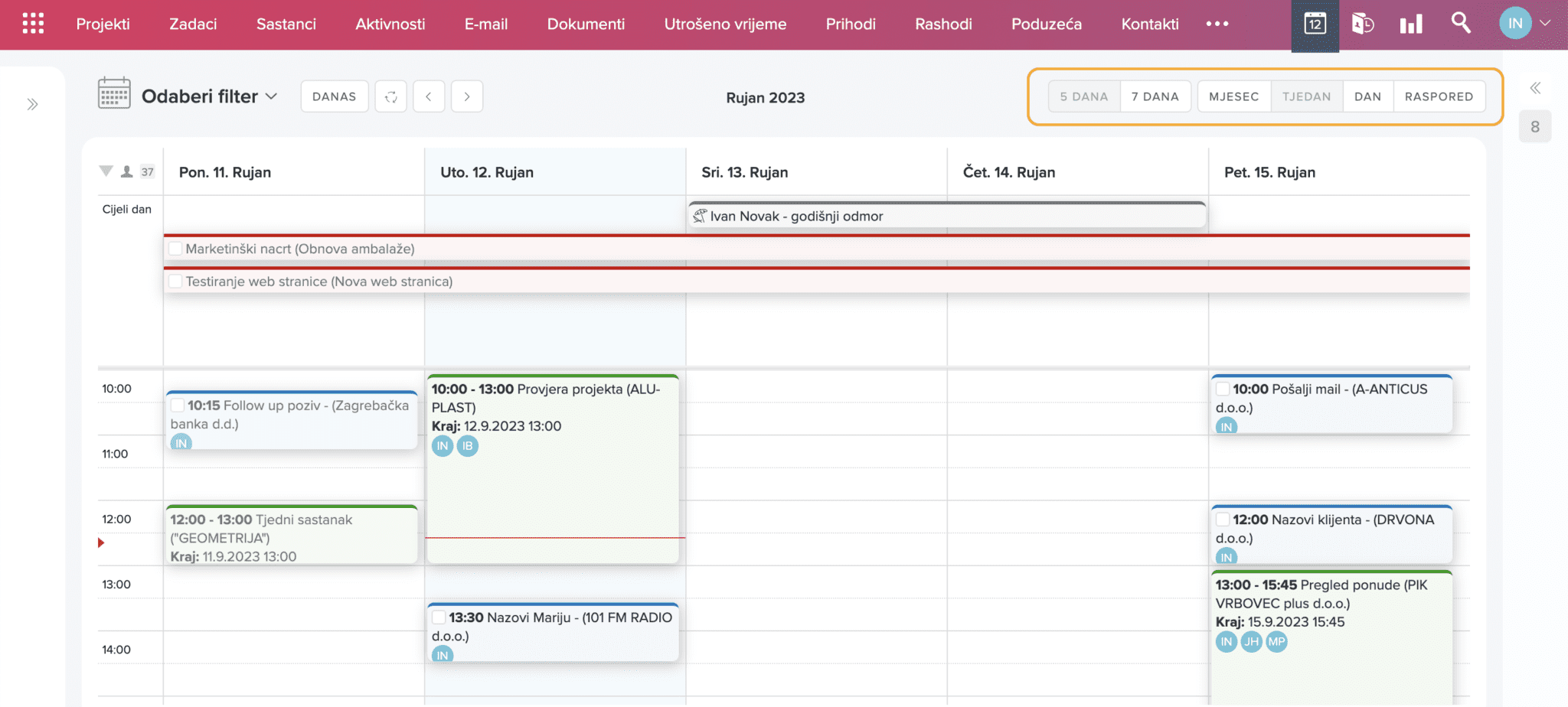 Vrste pogleda unutar kalendara | INTRIX
