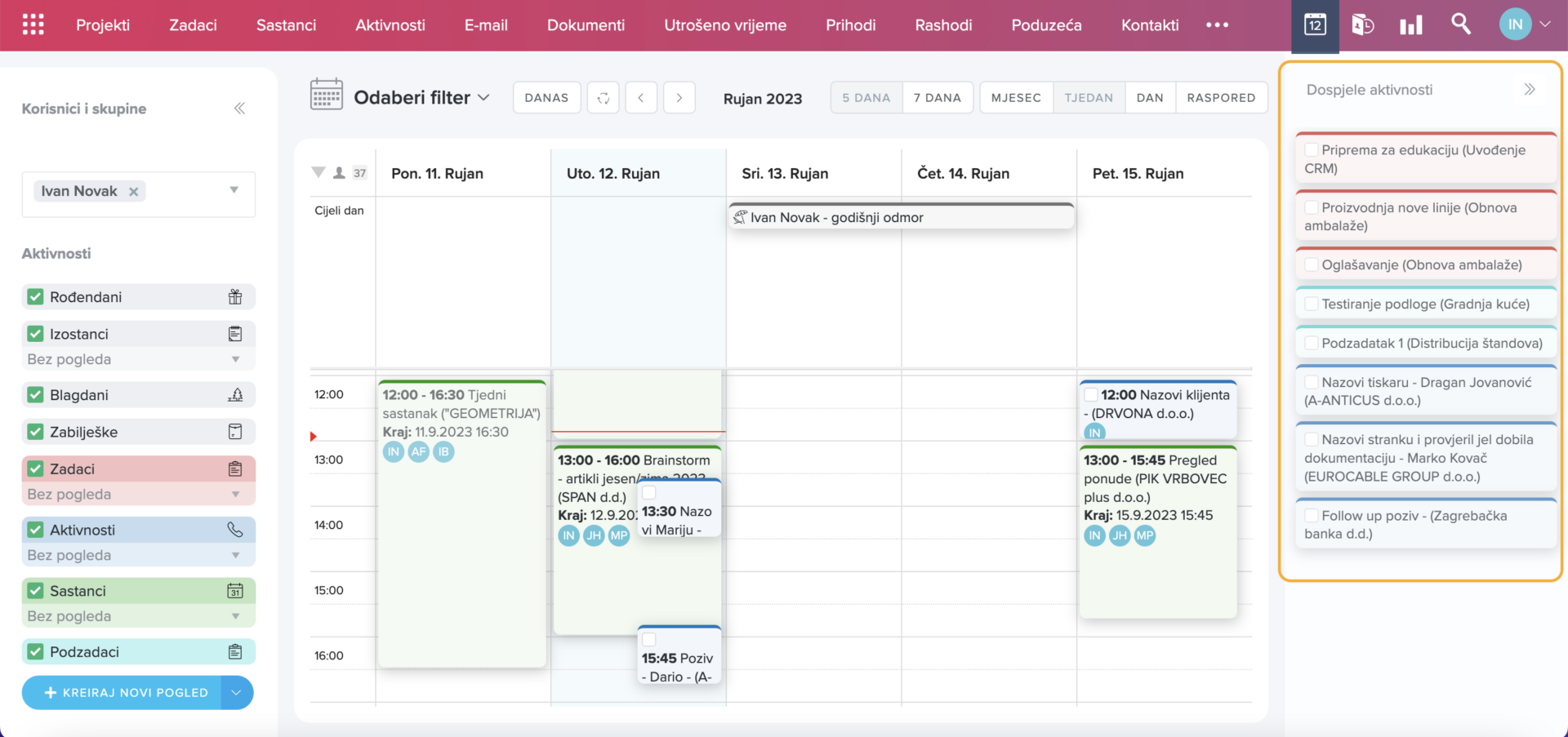 Vrste pogleda unutar kalendara | INTRIX