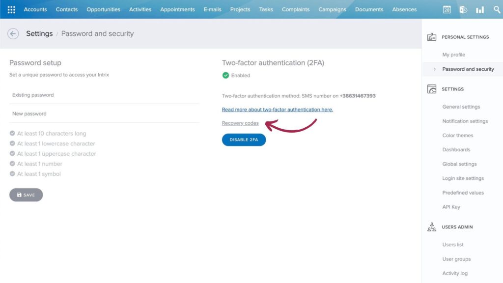 Recovery codes for Intrix 2FA | INTRIX
