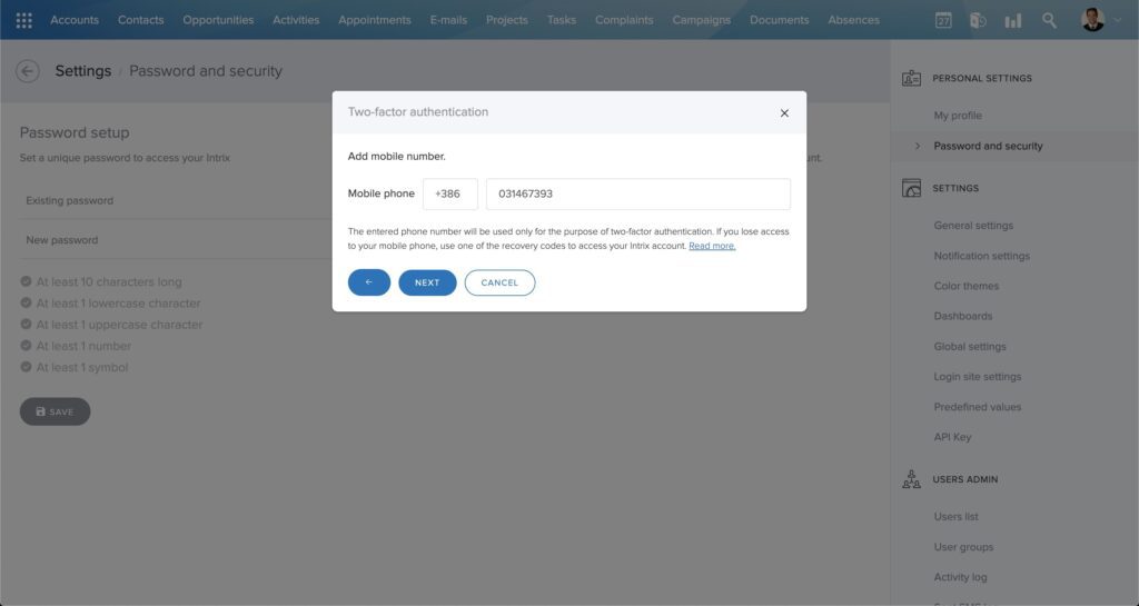 Two factor authentication (2FA) in Intrix | INTRIX