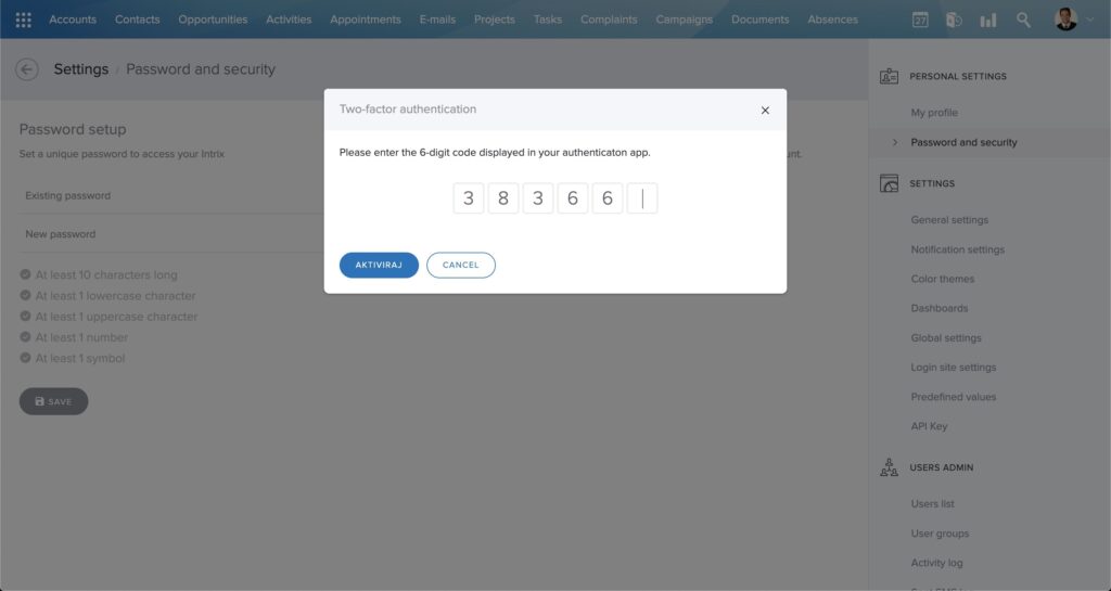 Two factor authentication (2FA) in Intrix | INTRIX